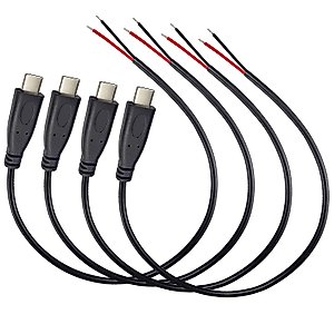 JZYMOD USB C Pigtail 2 Core Cable, 4-Pack USB 2.0 Male Plug 2pin Wire DIY Pigtail Cable 5V 3A 22AWG USB C Power Cable Black (9.8Inch/25cm)
