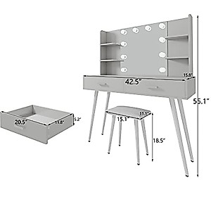 Furnideco Vanity Set with 10 Light Bulbs, Makeup Table with Cushioned Stool, 6 Storage Shelves 2 Drawers, Vanity Set 3 Lighting Modes Brightness Adjustable for Bedroom Studio