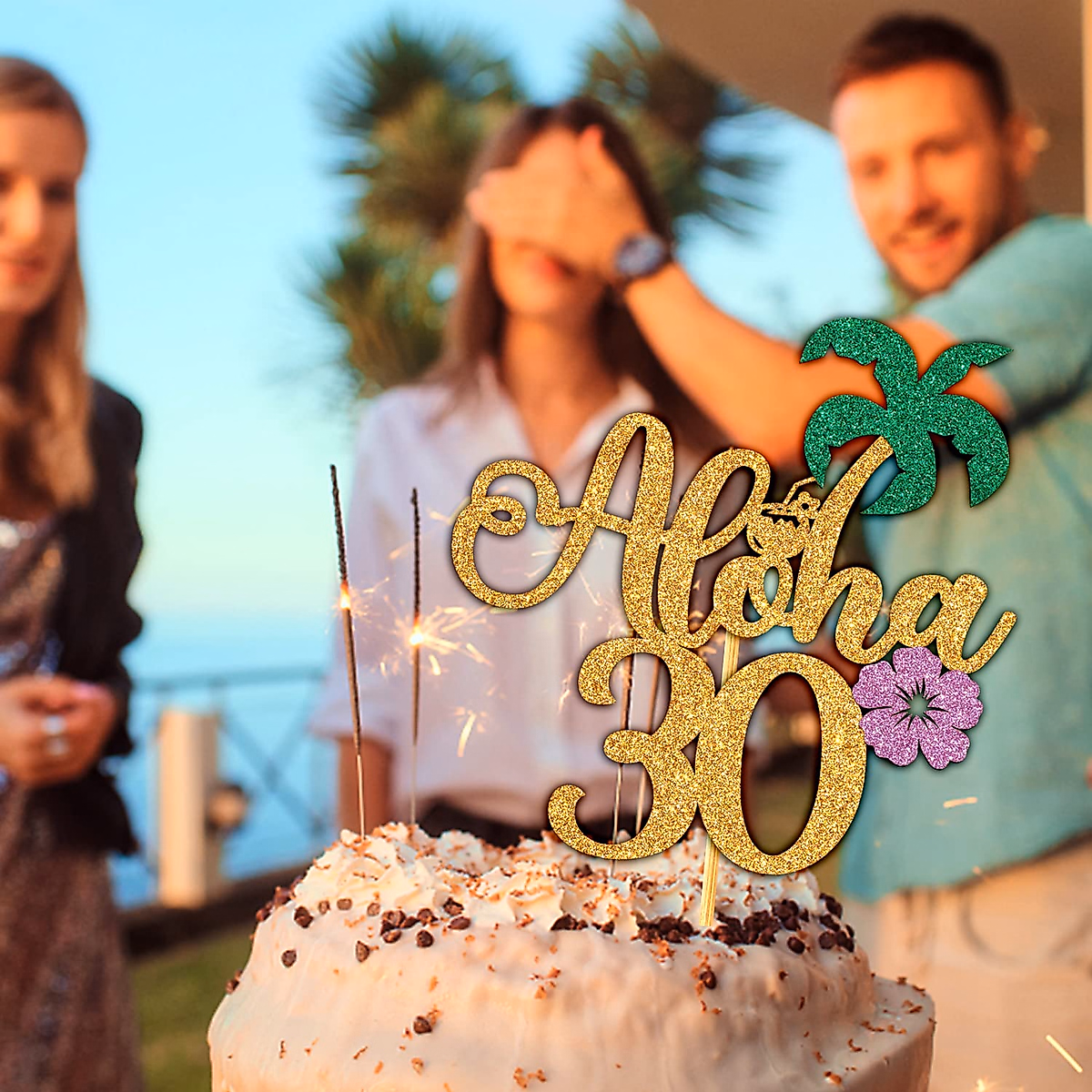 Gold Glitter Aloha 30 Cake Topper, Hello 30/Cheers to 30 Years/Happy 30th Birthday/Anniversay, Tropical Hawaiian Themed 30th Anniversary/Birthday Party Decorations