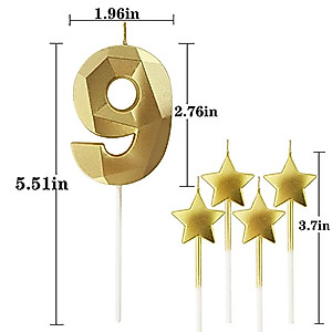 Golden Number 9 Birthday Candles and Star Birthday Candles 2.76 inch Birthday Cake Candles 3D Diamond Shaped Candles are Suitable for Birthday Parties and Anniversary Cake Decorations Candles(Gold 9)