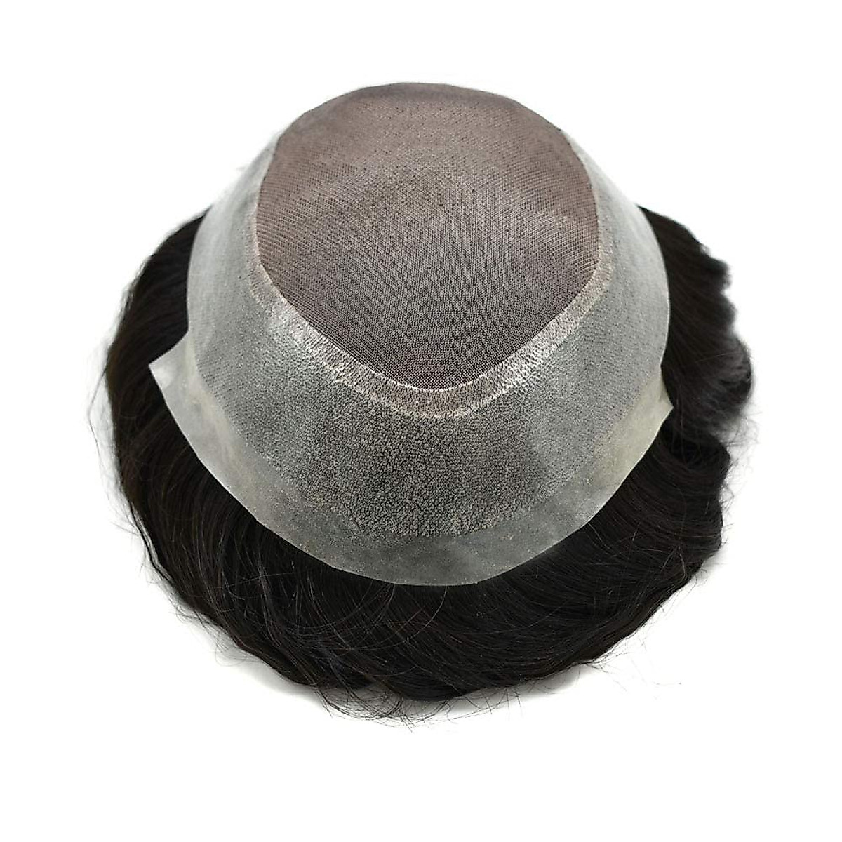 Mens HairPiece Toupee Wig Human Hair Replacement Systems #1B Natural Black Durable Men's Toupee Fine Mono Monofilament Wig Clear Poly Skin Around Hair Unit for Man (6"X8", #1B OFF BLACK/NATURAL BALCK-120% LIGHT TO MEDIUM DENSITY)