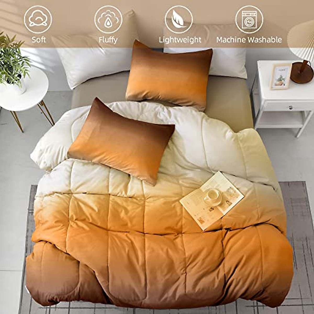 Gradient Brunt Orange Comforter Set Queen 7 Pieces Ombre Abstract Bed in a Bag Set for All Season - Lightweight Microfiber Bedding Set with Comforter, Pillowcases, Pillow Shams, Flat/Fitted Sheet