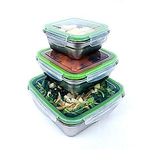 JaceBox Stainless Steel Containers - Adults Kids Square Set of 3 Leak Proof Bento Box Airtight Freezer Safe BPA FREE Metal Boxes New Snap On Latch Lids For Sandwiches Salads & Snacks by JaceBox