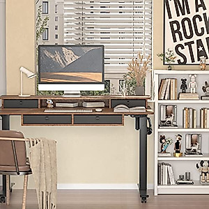 ExaDesk Electric Standing Desk with 4 Drawers, 55 x 30 Inches Adjustable Desk with Storage Shelf, Stand Up Desk for Home and Office, Rustic Brown Top/Black Frame