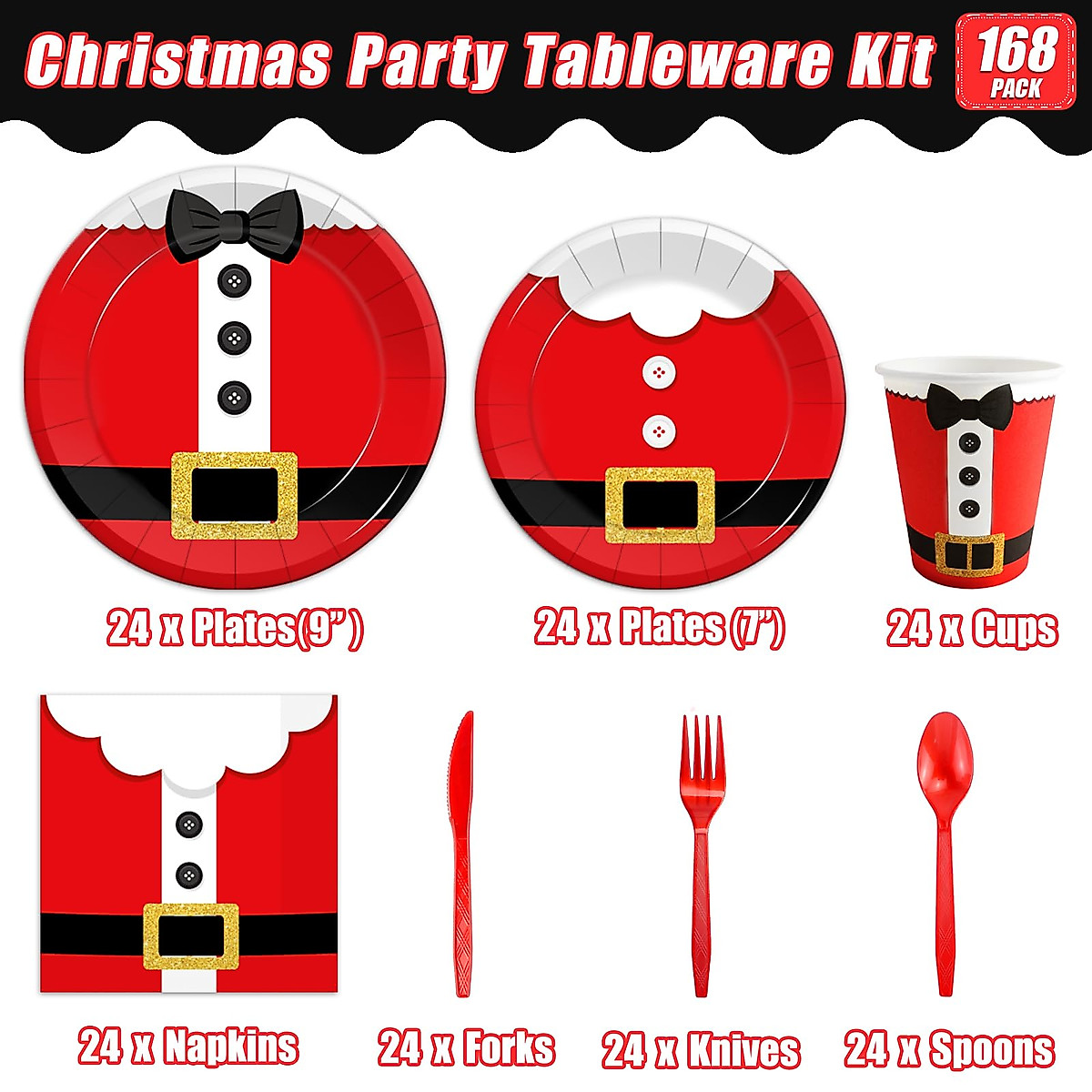Kepeel 168 Pcs Santa Christmas Party Decorations, Santa Claus Suit Party Paper Plates Napkins Cups, Plastic Forks Knives Spoons Supplies for Winter Holiday Merry Christmas Party Disposable Tableware