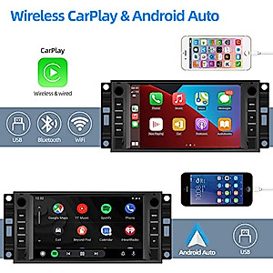 Wireless Carplay Car Stereo for Jeep Wrangler Dodge Chevrolet Chrysler, 7 Inch Touchscreen Android Car Radio with Bluetooth, Backup Camera, GPS Navigation, WiFi, FM RDS Radio, USB, Mic, Mirror Link