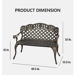 CIYOUNG Outdoor Aluminum Bench, Rust-Resistant Metal Loveseat, Seating Furniture for Garden Patio Porch Park Deck Lawn w/Floral Grid Design - Bronze