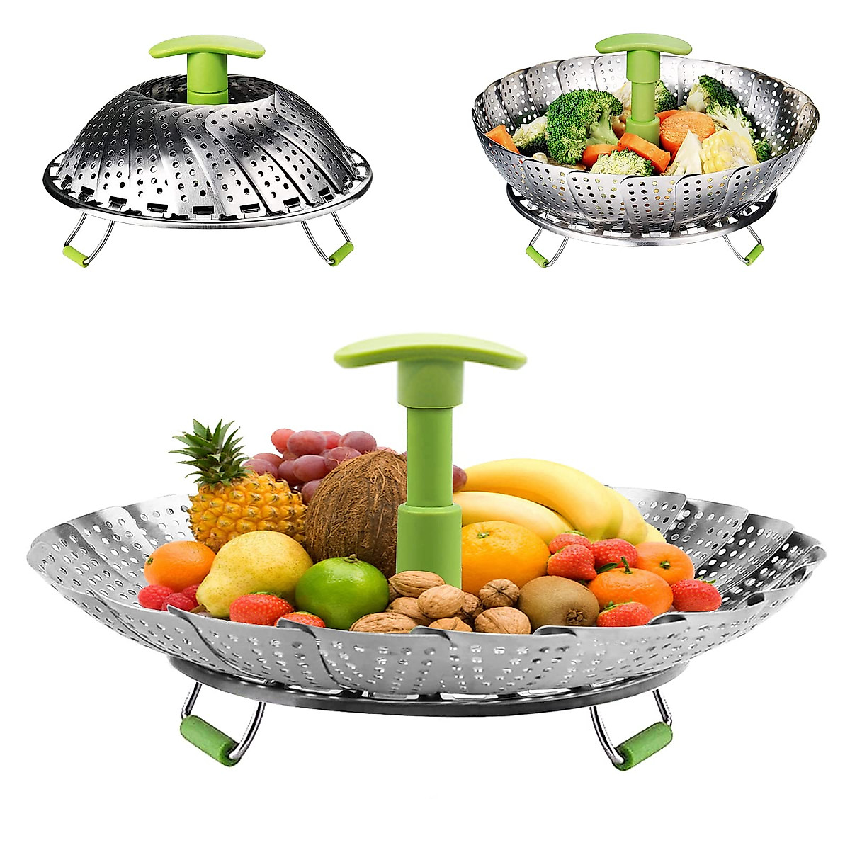 Vegetable Steamer Basket, Stainless Steel Folding Steamer with Extending Removable Center Handle Insert for Veggie Seafood Cooking to Fit Various Size Pot(5.1" to 9")