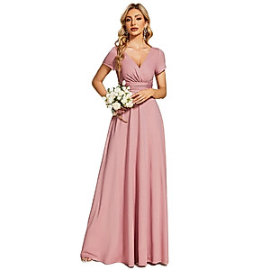 Ever-Pretty Women's Formal Dress Ruched Waist V Neck A Line Bridesmiad Dress with Sleeves Dusty Rose US8