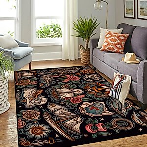 Neo Traditional Sailor Jerry-Inspired Tattoo Flash Art Area Rug Rugs for Girls Nursery Home Decor Indoor Carpet Full Size (5x8, 4x6, 3x5)
