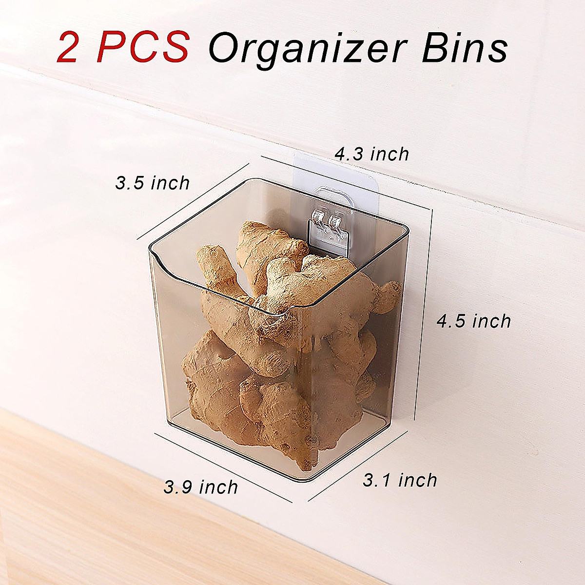 UXIVCKI 2 Pack Wall Mount Storage Organizer for Kitchen, Adhesive Clear Sorage Container Plastic Wall Space Saving Hanging Basket Bins for Pantry, Refrigerator, Bathroom, Countertops