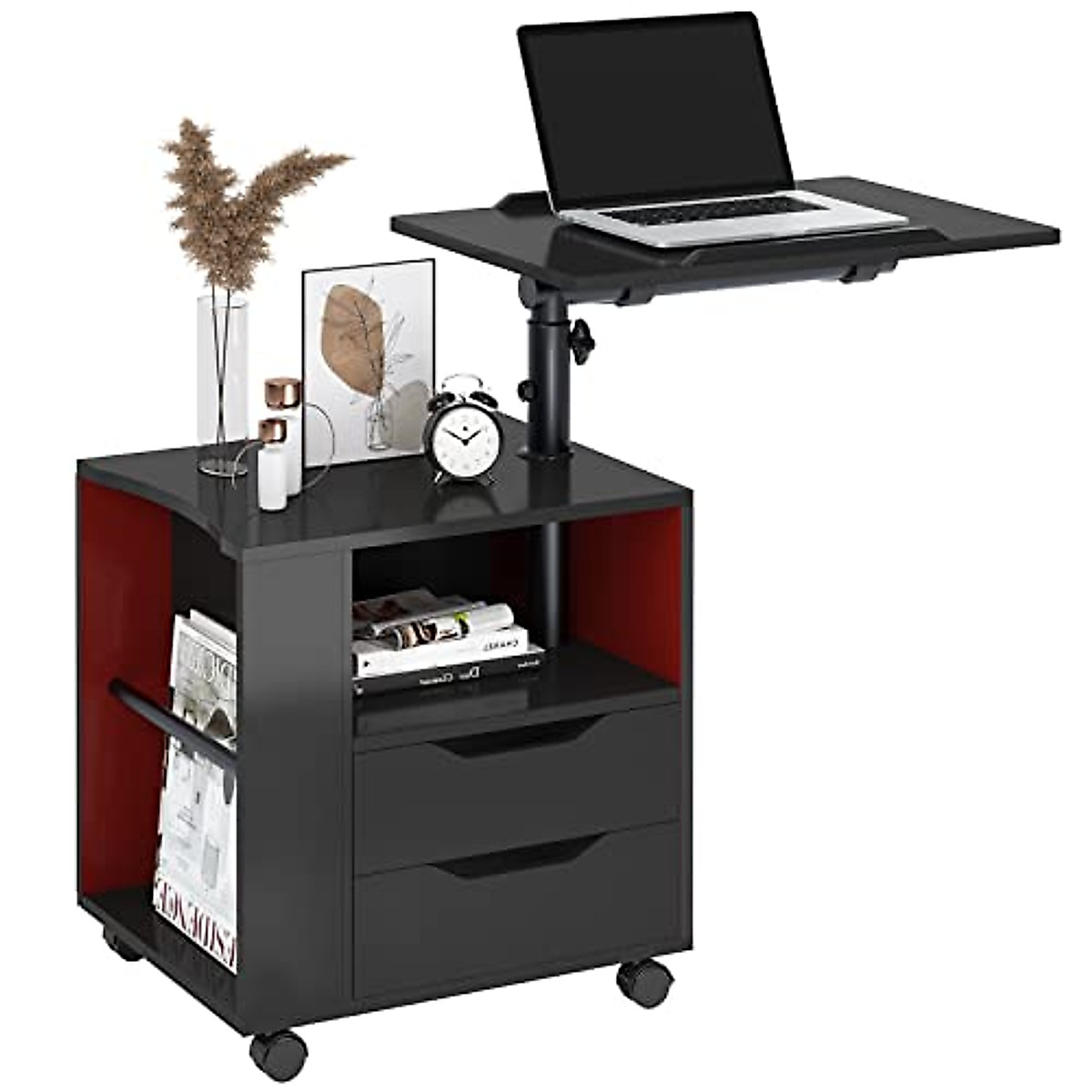 SogesHome Height Adjustable Nightstand with Lockable Wheels, Over-Bed Movable Bedside Table with 2-Drawers, Bedroom Side Storage Cabinet with 1-Open Cube, Black