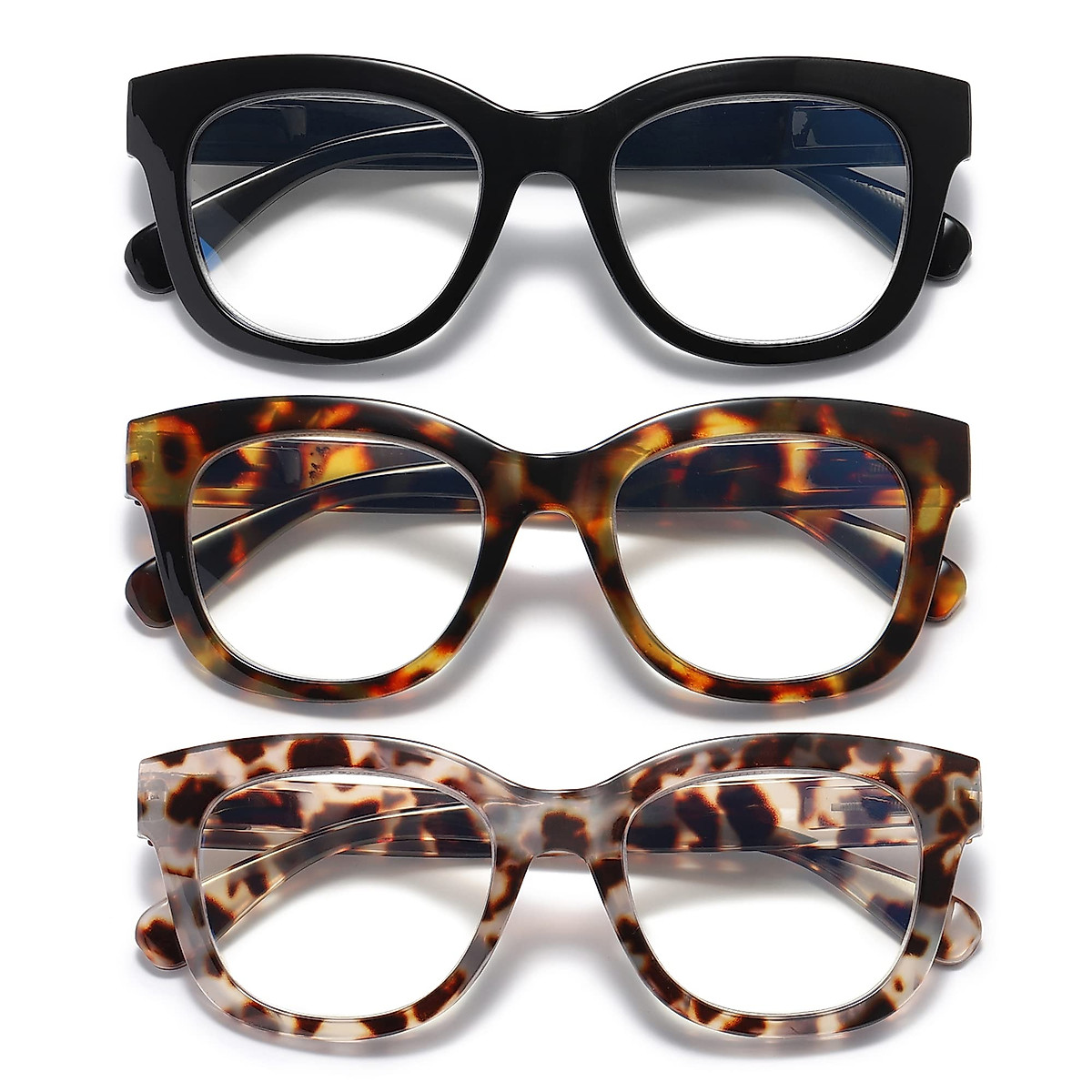 ZXYOO 3 Pack Oversized Blue Light Blocking Reading Glasses for Women, Retro Style Readers with Spring Hinge +1.75