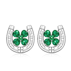 Horseshoe Shamrock Earrings for Women St Patrick's Day Earrings Shamrock Studs Irish Sterling Silver Lucky 4 Leaf Clover Celtic Green Jewelry Valentine Gifts