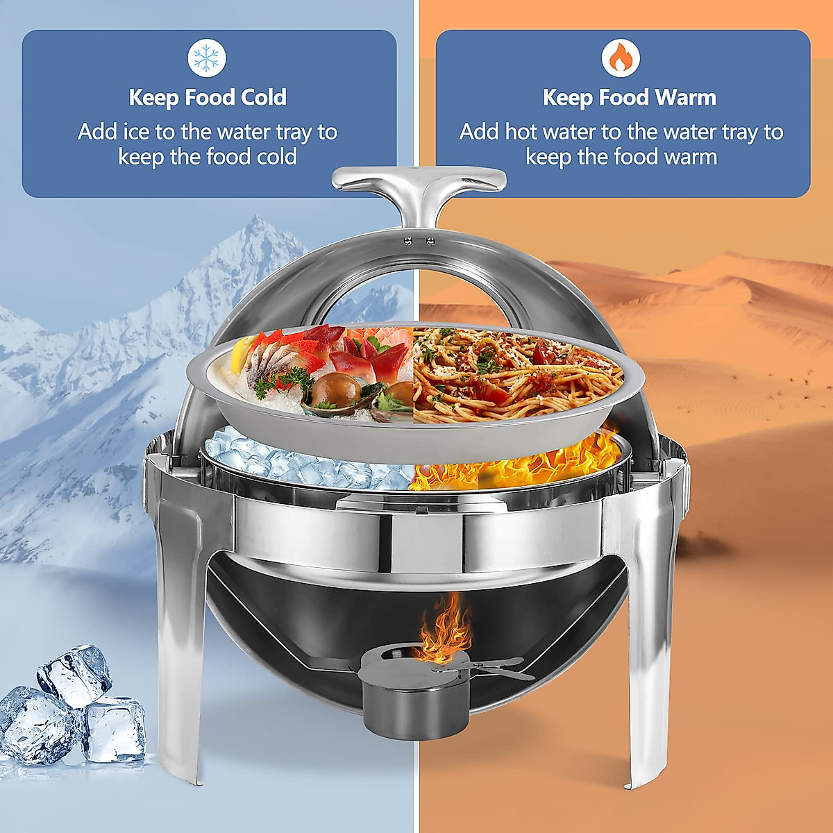 Amhier 6 Qt Roll Top Chafing Dish Buffet Set, Stainless Steel Chafing Dish with Visible Glass Window for Catering, Parties, Hotels and Weddings