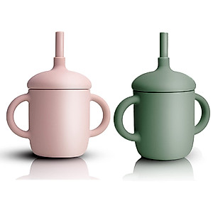 DONGMEI Silicone Straw Cup, silicone sippy cups for baby, 100% Soft Silicone Straw Trainer Cup For Infant, silicone sippy cup baby, 5 Oz (Pink & Armygreen 2 Pieces)