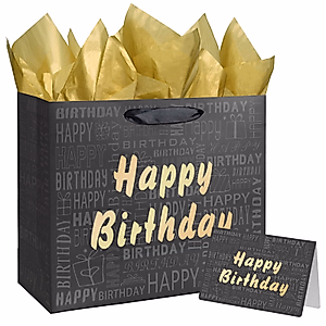 13" Large Black and Gold Happy Birthday Gift Bag with Tissue Paper and Card for Men Women Birthday