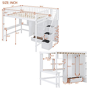 Merax Full Loft Beds Stairway Loft Bed Frame with Wardrobe, Desk, Bookshelf and Drawers, White
