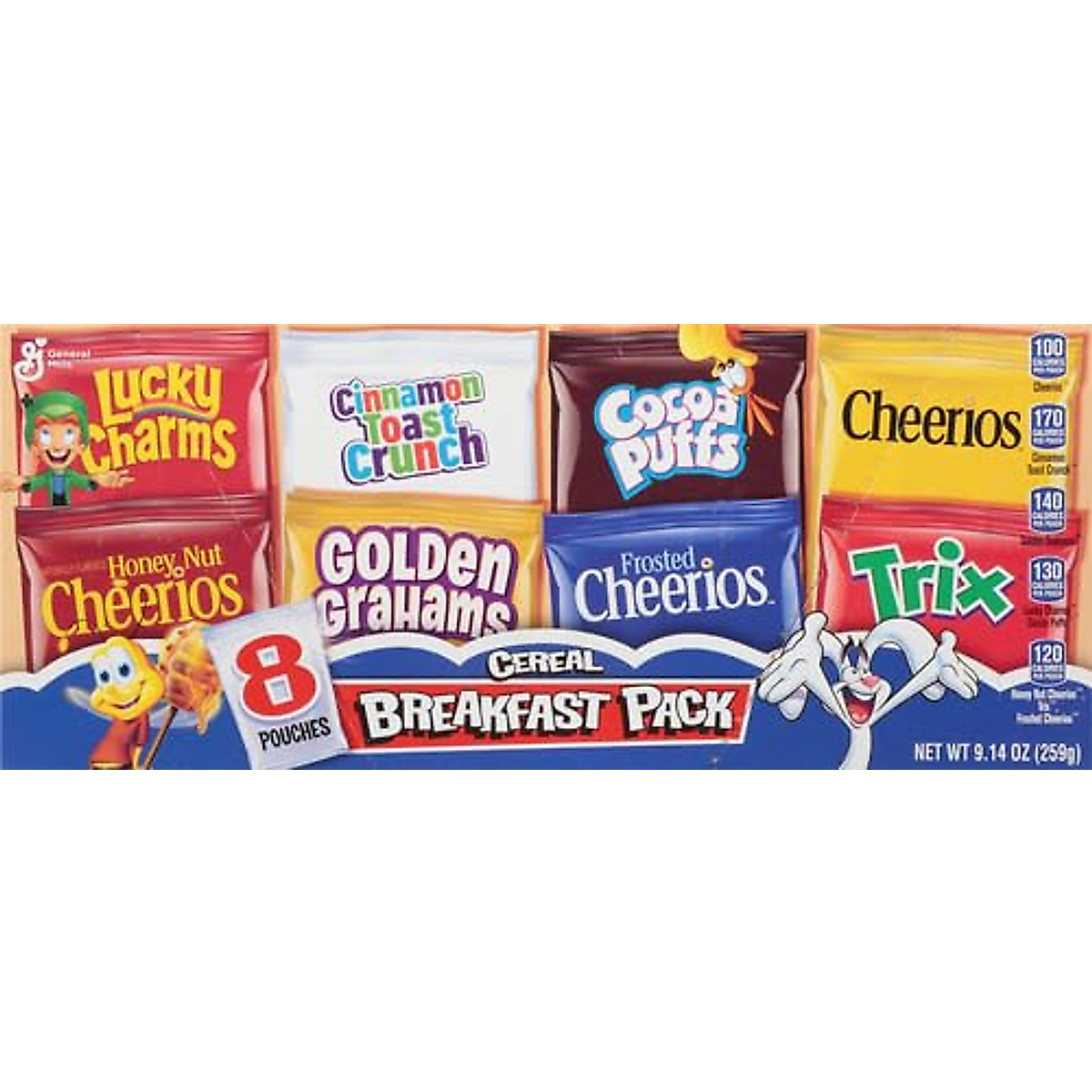 General Mills Breakfast Cereal Variety Pack, Lucky Charms, Cinnamon Toast Crunch, and Cheerios Varieties, Single Serve Snacks, 9.14 oz (8 Pouches)