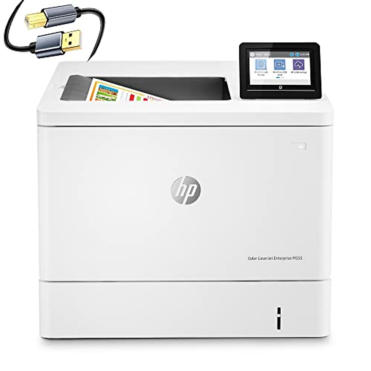 HP Color Laserjet Enterprise M555dn Single-Function Wired Ethernet Laser Printer, White - Print only - 4.3" Touchscreen Display, 40 ppm, 600 x 600 dpi, Auto Duplex Printing, USB, Cbmou Printer Cable