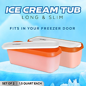 Laxinis World Ice Cream Containers – Pack of 2 Ice Cream Plastic Containers with lids, 1.5 Quarts, Reusable, with Non-slip Base (Orange)