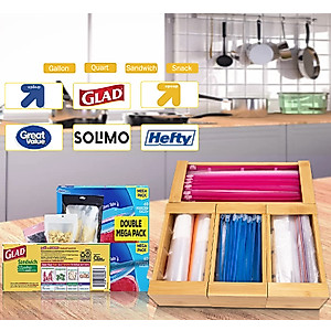 IVONNEY Bag Storage Organizer, Bamboo Food Storage Plastic Bag Organizer Drawer, Sandwich Bag Holder, Snack Gallon Quart Baggie Organizer Fit for Ziploc Hefty Glad Solimo Bags