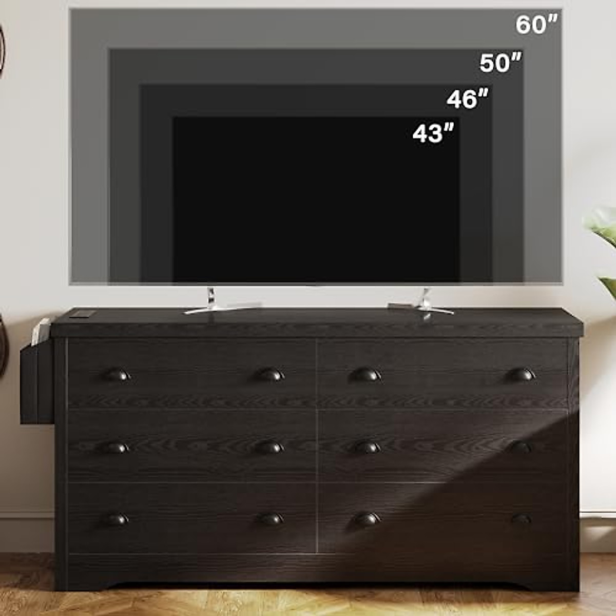 LIKIMIO Dresser for Bedroom 6 Drawer with Charging Station, TV Stand Storage Chest of Drawers for Living Room Hallway Entryway, MDF Board, Black