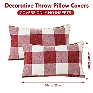 Pack of 2 Buffalo Check Plaid Throw Pillow Covers, Farmhouse Decorative Lumbar uare Outdoor Pillows Cushion Cover for Sofa Couch Living Room Home Garden Chair Decor (Red and White, 12x20 inches)