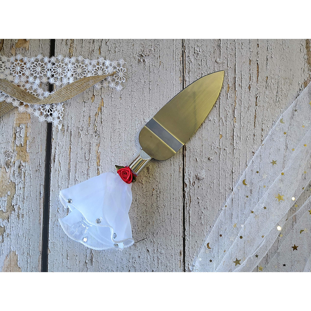 Abbie Home Wedding Anniversary Cake Knife and Server Set in Grey and White- Silk Bow Tie and Red Rose Rhinestone Lace Decoration (Cake Knife&Server Set)