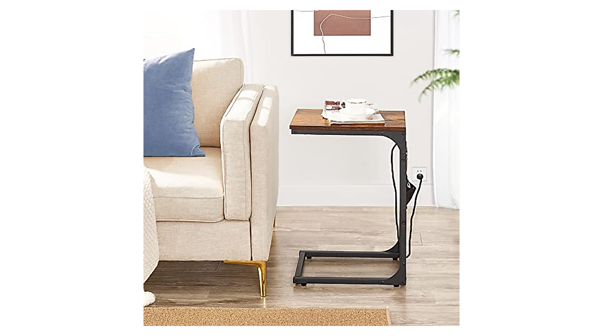 Slim End Table with Charging Station | C-Shaped Snack Table