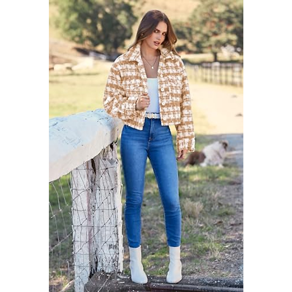 PRETTYGARDEN Women's Fall Plaid Shacket Jacket Faux Fur Lapel Open Front Cropped Winter Coats Outerwear (Light Khaki,Small)