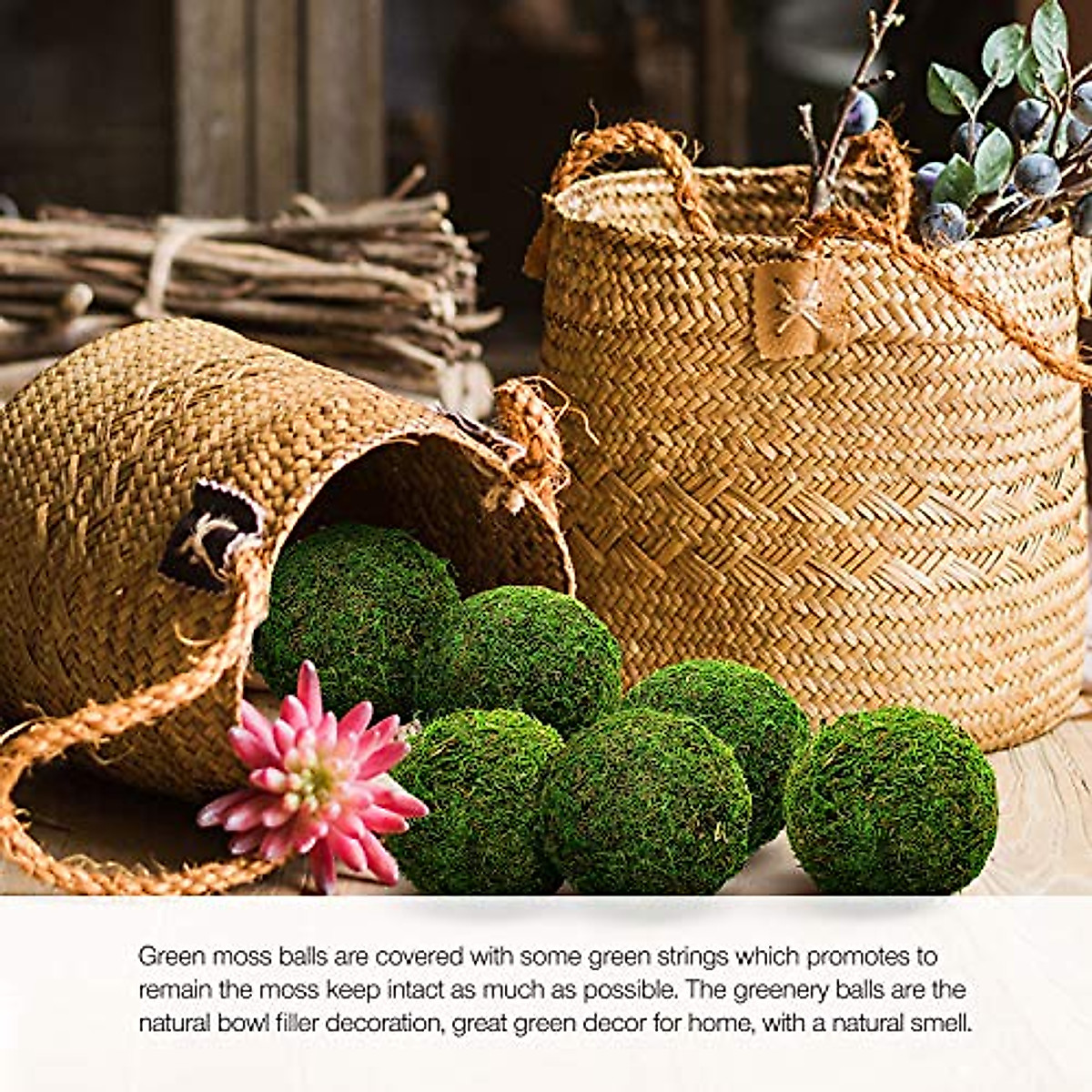 Natural Green Moss Decorative Ball 3.5" Set of 6, Hanging Balls with Handmade, Hanging Balls Vase Bowl Filler, Christmas Tree Garden Weddings Home Party Decor