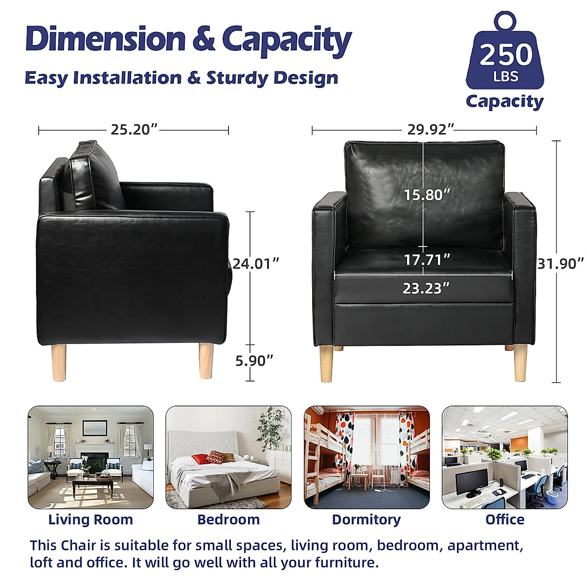 STHOUYN Black Faux Leather Accent Chairs Set of 2 Small Living Room Bedroom Chairs, Comfy Reading Chair Single Sofa for Adults, Suitable Small Spaces Office Couch, Easy Assembly