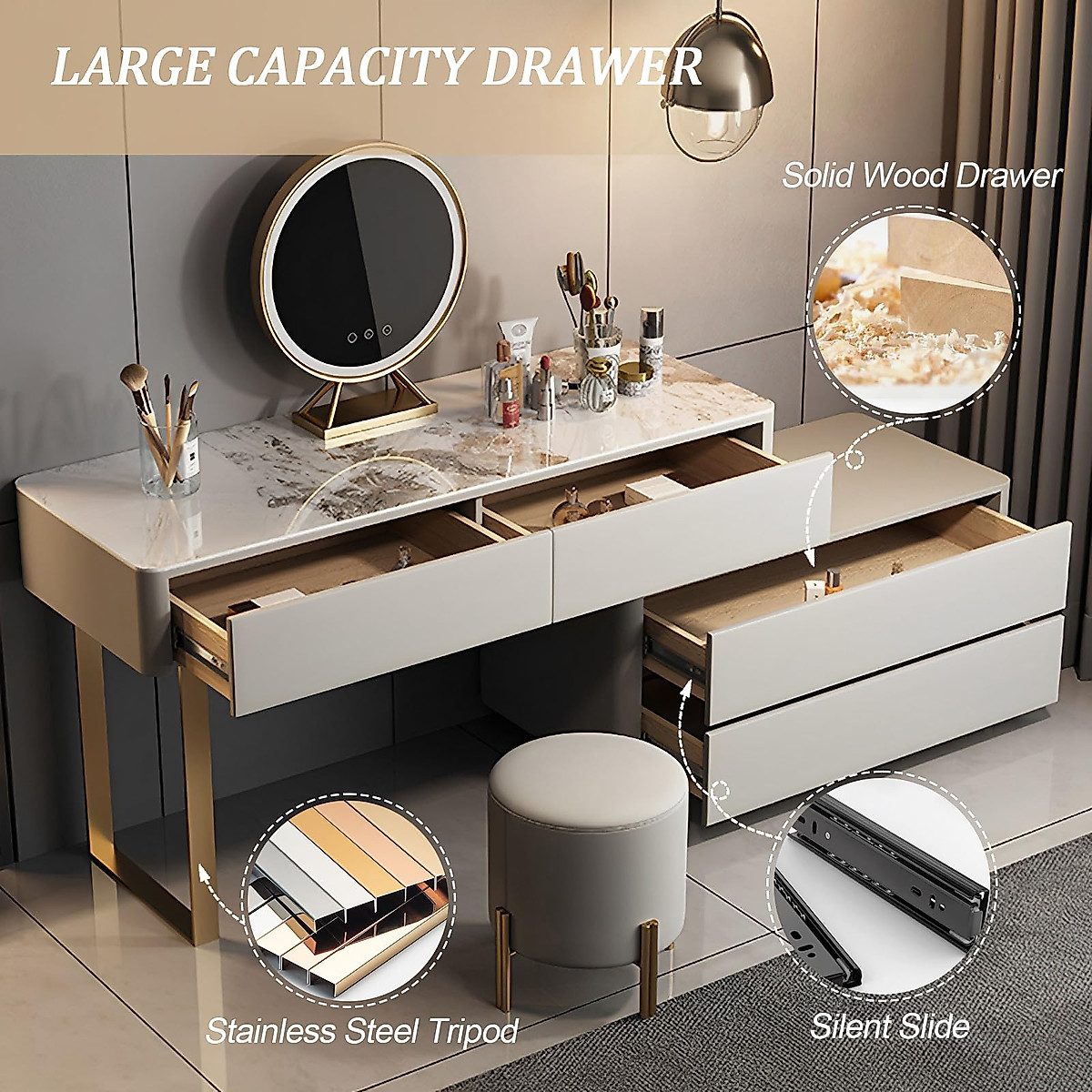 Onaninso Makeup Vanity Table with Lighted Mirror, Vanity Desk with Slate Tabletop and Solid Wood Frame, 4 Drawers, Stool, Side Cabinet, Vanity Set for Bedroom (47.2in)