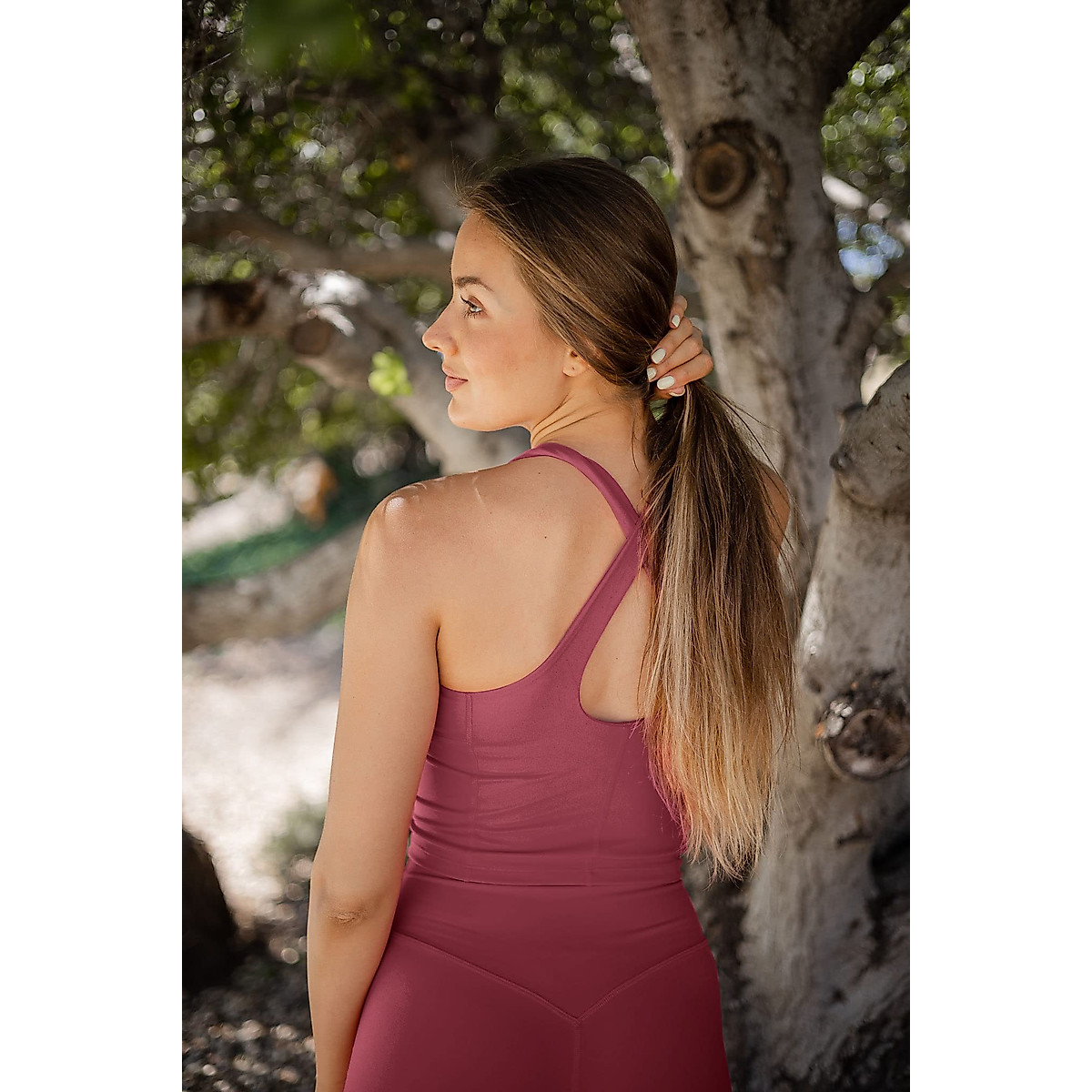 Kamo Fitness Ellyn High Neck Tank Top Sports Bra for Women Soft Padded Built-in Bra Longline Yoga Running Workout (Dark Sienna, M)