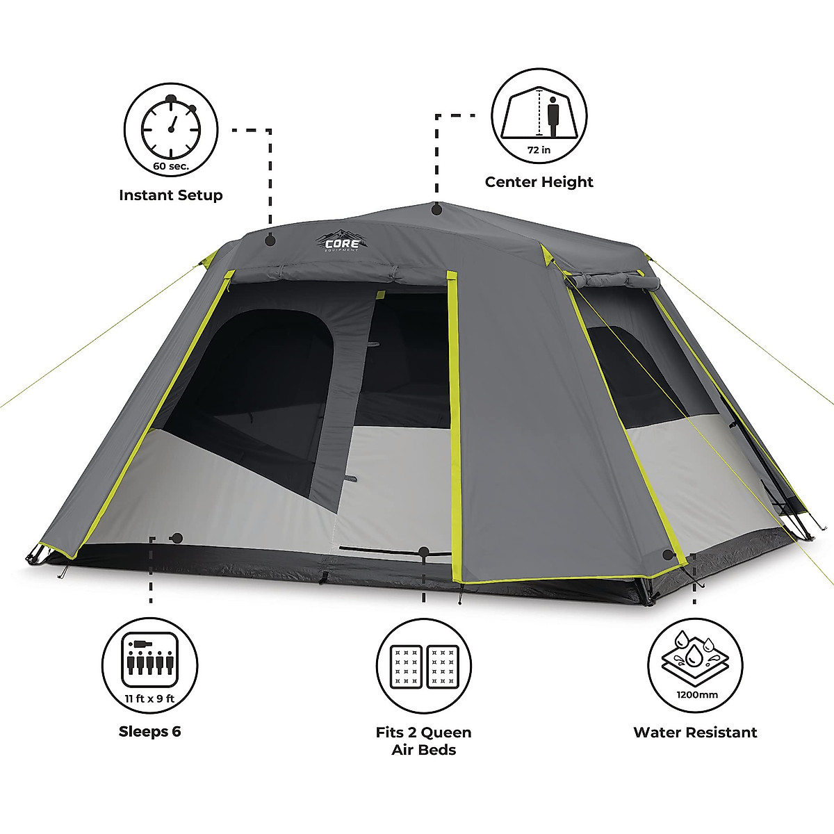 CORE 6 Person Instant Cabin Tent | Large Multi Room Tent for Family with Full Rainfly for Weather Protection and Storage for Camping Accessories | Portable Tent for Car Camping with Carry Bag