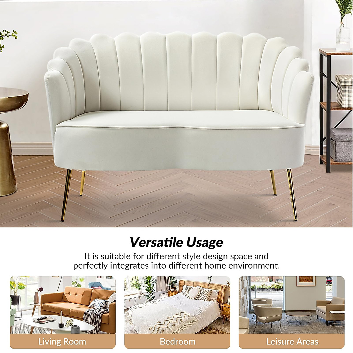 HULALA HOME Modern Velvet Loveseat Sofa with Flower Shaped Back, Comfy Upholstered 2-Seater Sofa with Gold Metal Legs, Small Love Seat Accent Couch for Living Bedroom Leisure Areas, Ivory