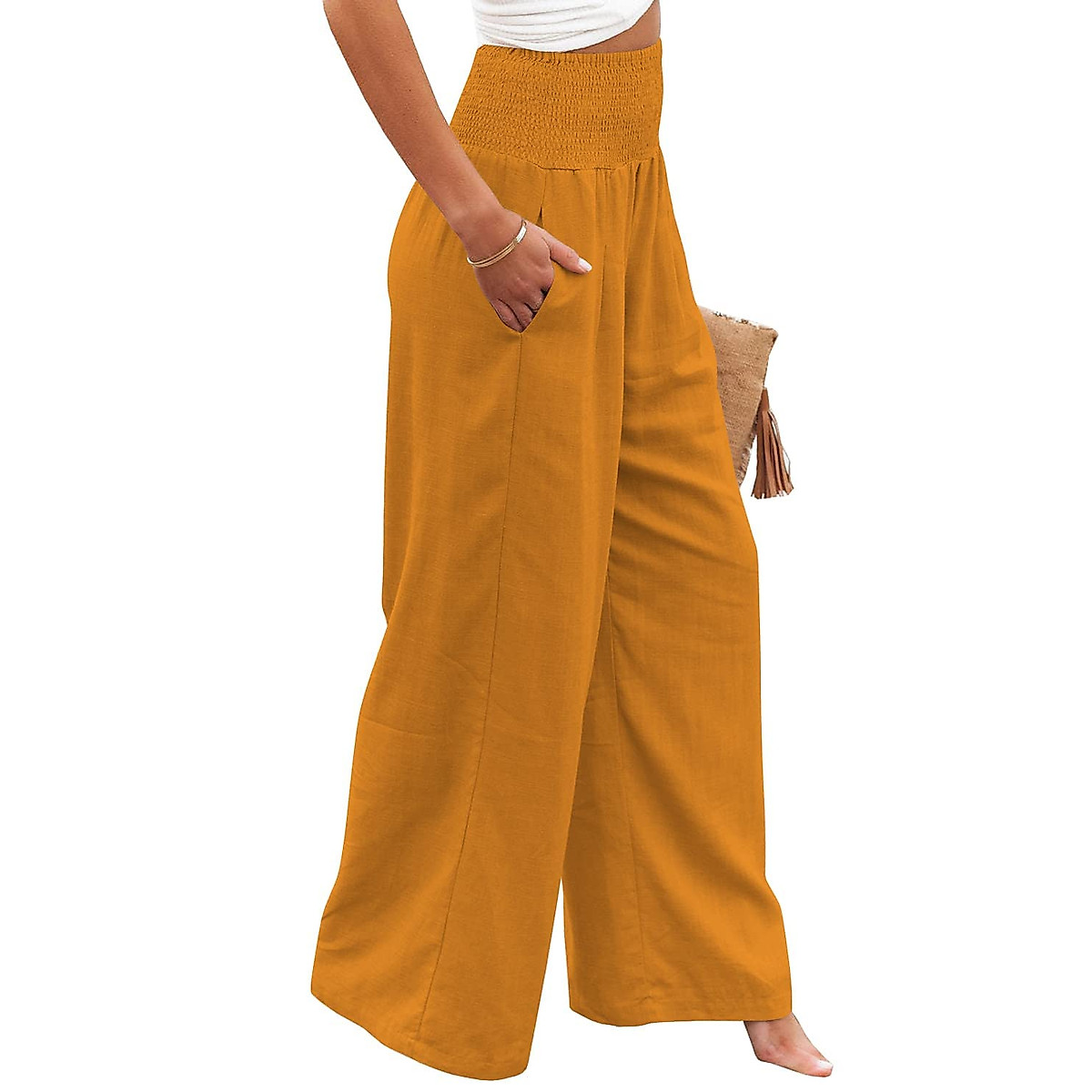 GLIENST Womens Cotton Linen Pants Elastic High Waist Wide Leg Pants Palazzo Lounge Smocked Casual Trousers with for Ladies Pockets One Piece Athletic Pants Deep Yellow XL