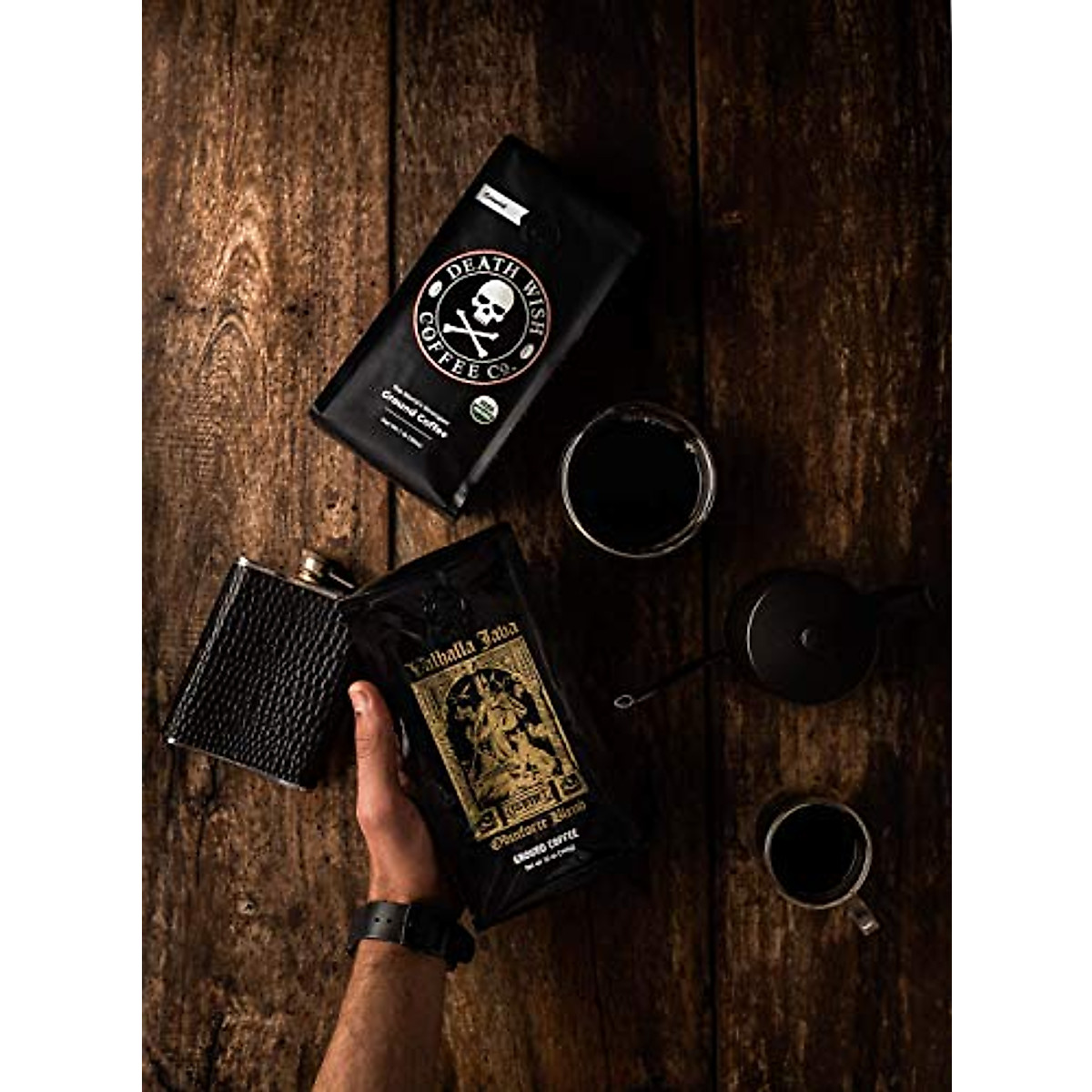 Death Wish Coffee Co. Dark Roast Grounds 16 Oz & Valhalla Java Dark Ground Coffee 12 Oz- Extra Kick of Caffeine in 1 Powerful Bundle - Hardcore Coffee from Arabica & Robusta Beans for Tough Days