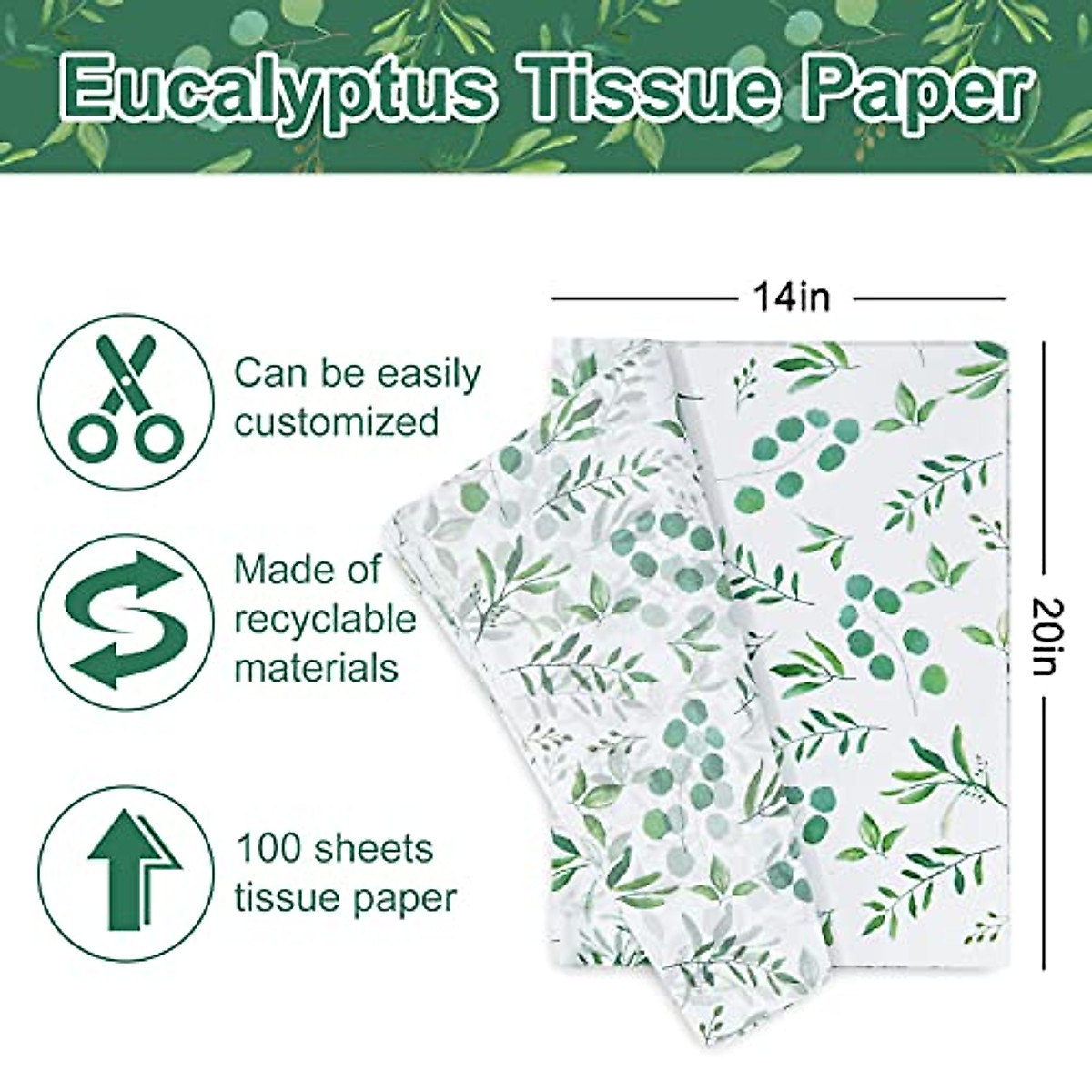Whaline Eucalyptus Tissue Paper Greenery Wrapping Paper 14 x 20in Green Leaves Gift Wrapping Paper Art Paper for Jungle Safari Party Baby Bridal Shower Birthday Wedding Decor, 100 Sheet