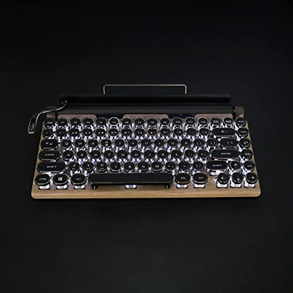SUEHIODHY Retro Typewriter Keyboard Bluetooth5.0 LED Backlit Mechanical Keyboards 83keys Blue Switch with Stand Wired Punk Style Keyboard for Tablet/Desktop/Laptop/Cell Phone (Wood)
