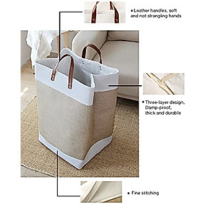 AMZTOP Linen Clothes Hamper Patchwork Collapsible Laundry Basket with Leather Handles for Storage Toys and Clothing in Bedroom, Bathroom Foldable Laundry Hamper 68L