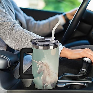 LLUTSNTH 40 Oz Vacuum Tumbler with Black Handle Leakproof Insulated Tumbler Two Horses Are Flying Stainless Steel Travel Mug with Lid And Straw Coffee Cup Cute Water Bottles Cup Holder Friendly