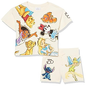 Disney Girls D100 Multi Character French Terry - Minnie, Stitch, Mirabel, Tinkerbell Tee & Short Set, Ivory, 7-8 US