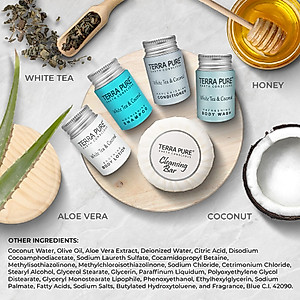 Terra Pure White Tea & Coconut Toiletries Set | 1-Shoppe Amenities Kit | 1oz Shampoo & Conditioner, Body Wash, Lotion, 1.25oz Bar Soap | Travel Size | 150 Pieces