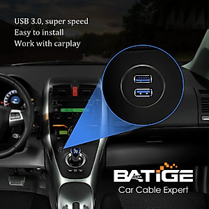 BATIGE 2 Ports Dual USB 3.0 Male to USB 3.0 Female AUX Flush Mount Car Mount Extension Cable for Car Truck Boat Motorcycle Dashboard Panel 1ft