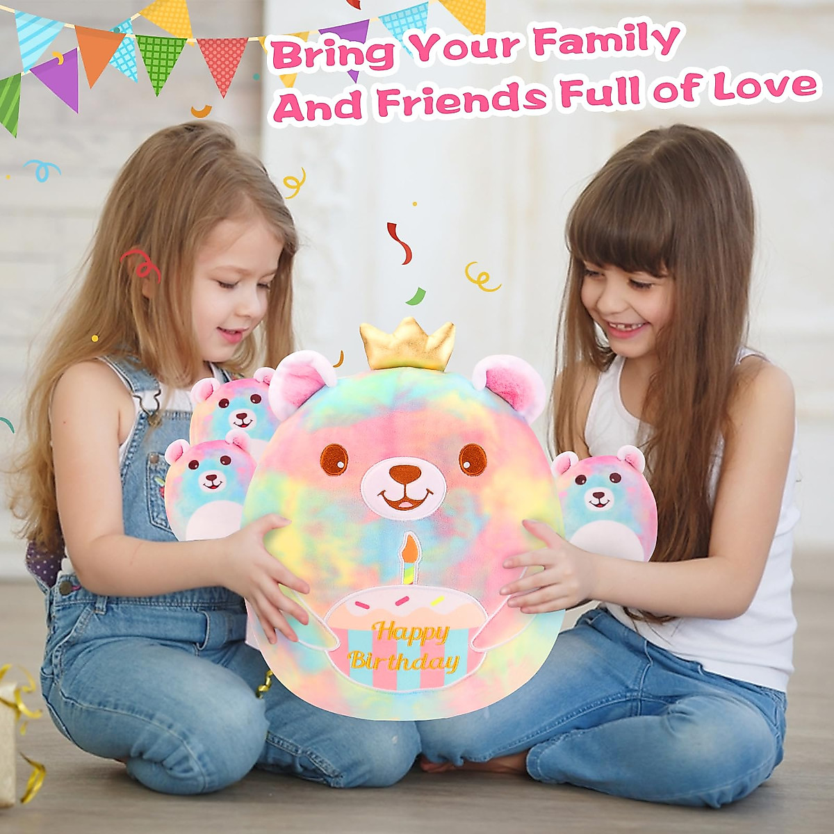 safolosha Birthday Bear Plush Pillow 12" Soft Bear Plush Toy Cute Bear Stuffed Animal with 3 Babies Bear Plushie Home Room Party Decoration Birthday Festival Prezzie for Kids Toddlers