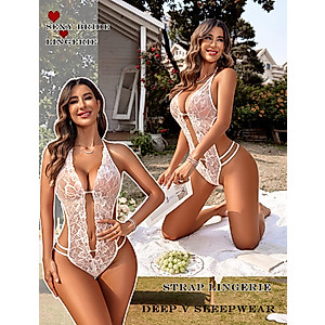 Avidlove Womens Sexy Lace Babydoll Lingerie V Neck Halter Teddy Bodysuit White Small