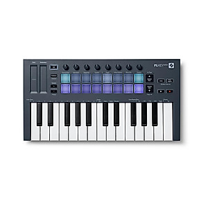 Novation FLkey Mini 25-Key MIDI Keyboard Controller for FL Studio Bundle with 20 Fruity Edition Software (Boxed), Keyboard Piano Style Sustain Pedal (Black) and 4-Port USB 3.0 Hub (4 Items)