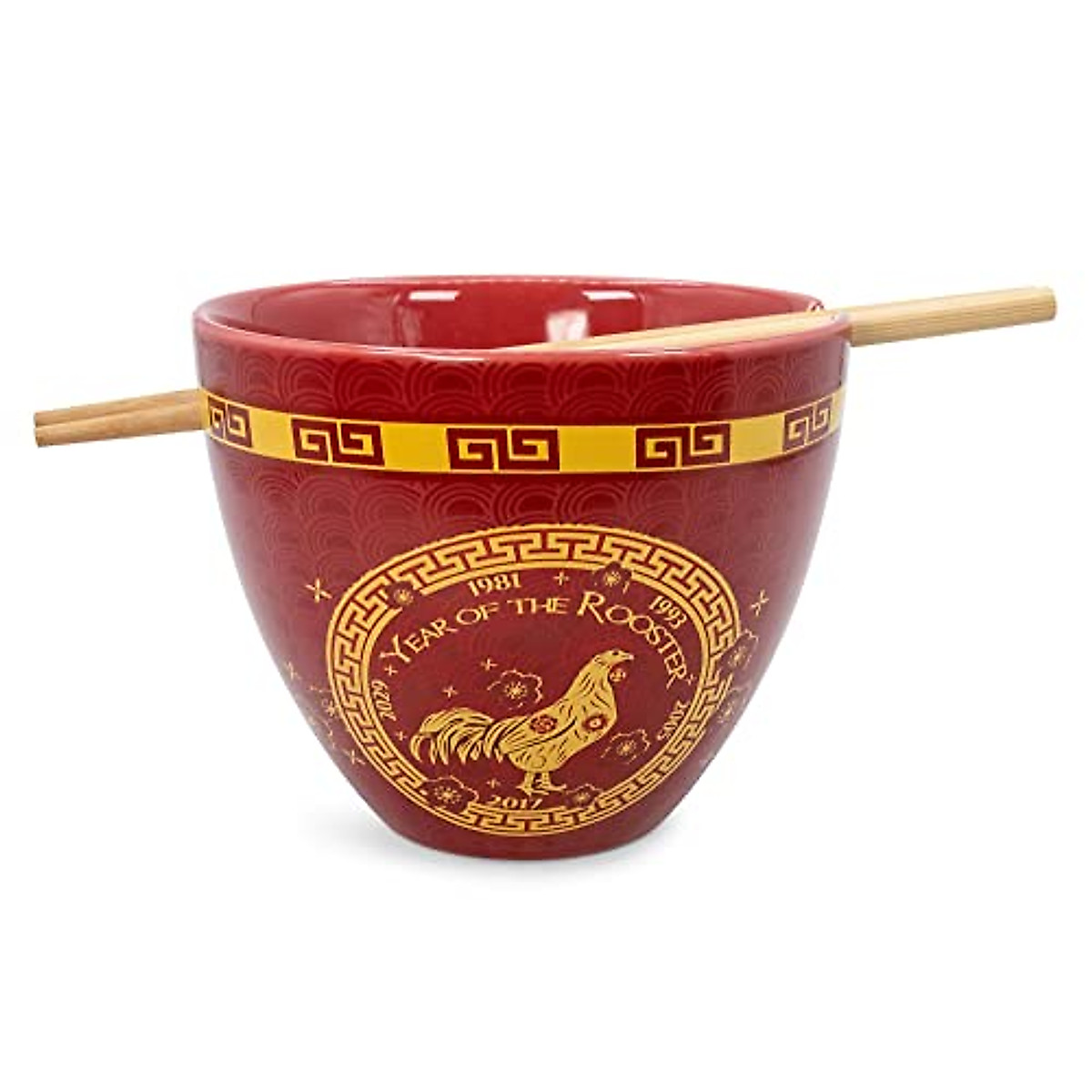 Year Of The Rooster Chinese Zodiac Ceramic Dinnerware Set | Includes 16-Ounce Ramen Noodle Bowl and Wooden Chopsticks | Asian Food Dish Set For Home & Kitchen | Kawaii Lunar New Year Gifts